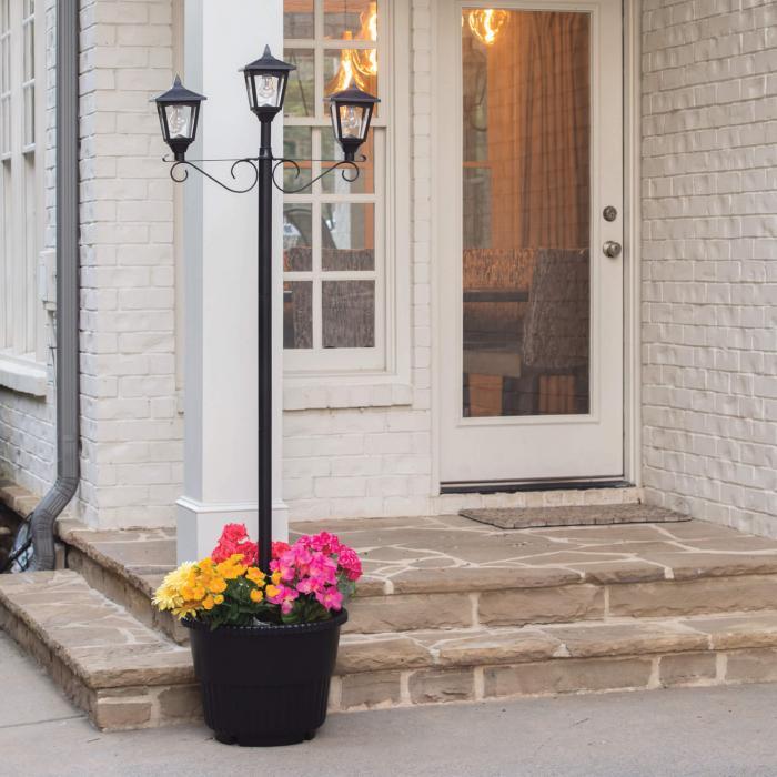 Triple Head Solar Lamp and Post Set with Round Planter - Gamasonic USA